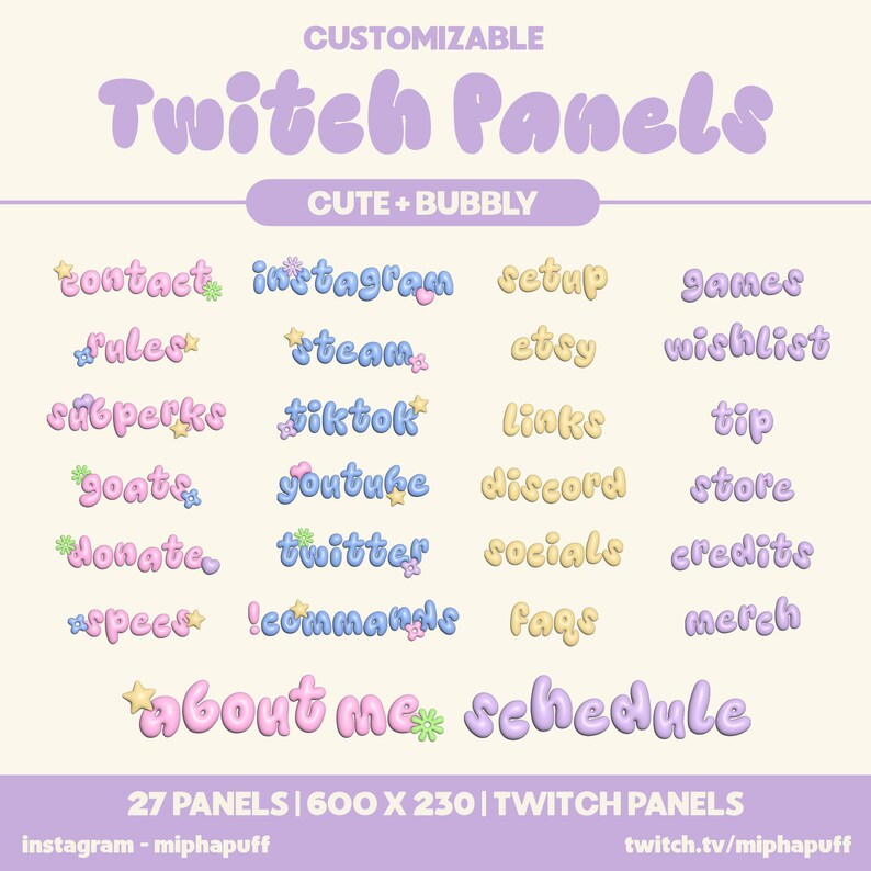 CUSTOMIZABLE Cute & Bubbly TWITCH PANEL Cute Pastel Streamer Twitch ...