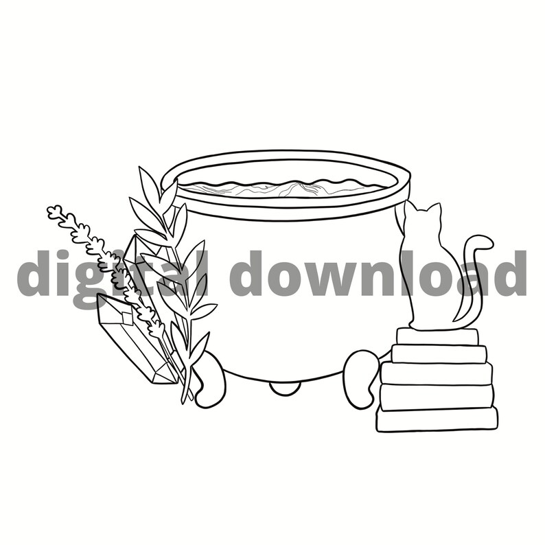 Cute Cauldron Coloring Page for Kids, Witch Coloring Page for Adults ...