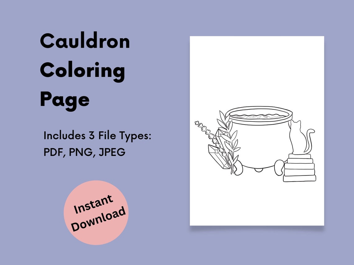 Cute Cauldron Coloring Page for Kids, Witch Coloring Page for Adults ...