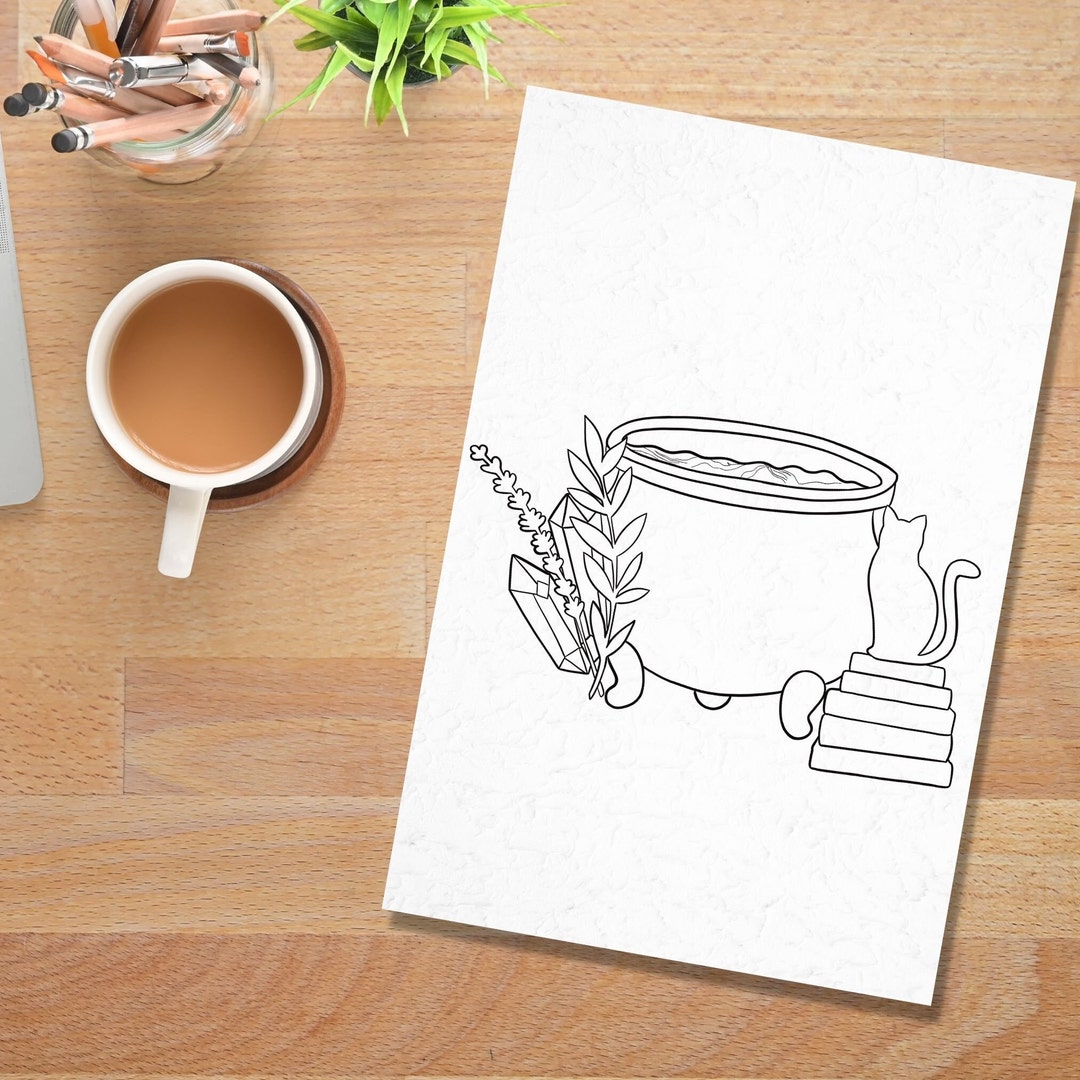 Cute Cauldron Coloring Page for Kids, Witch Coloring Page for Adults ...
