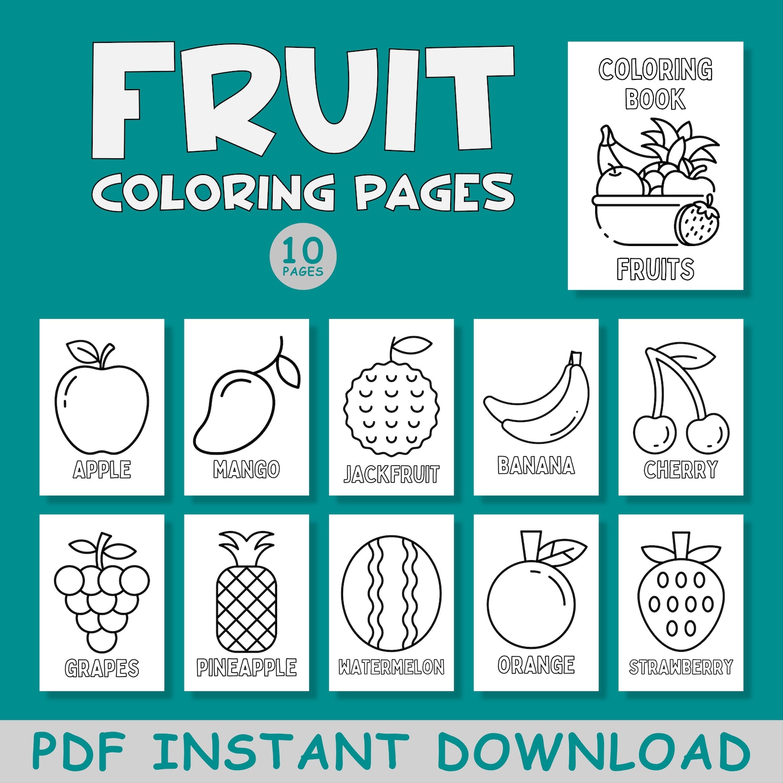 Fruit Coloring Pages Printable PDF, Cute Fruit Coloring Book for Kids ...