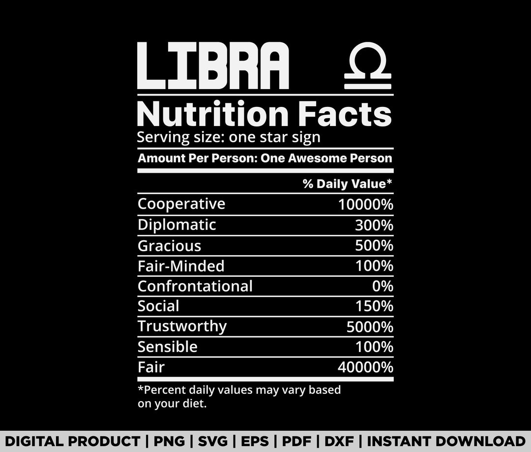 Libra Nutrition Facts Svg, Png, Zodiac Sign Shirt Design, Eps, Pdf, Dxf ...