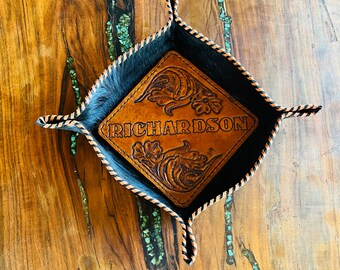 Tooled Leather Valet Tray, Mandala Design, Catch All, Weathered Western ...
