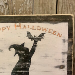 Farmhouse Vintage Primitive BLACK CAT Happy Halloween Sign Distressed Rustic Chippy Farmhouse ...
