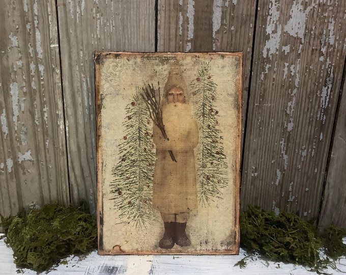 Handmade Vintage ART PRINT Primitive Merry Christmas Santa Distressed ...