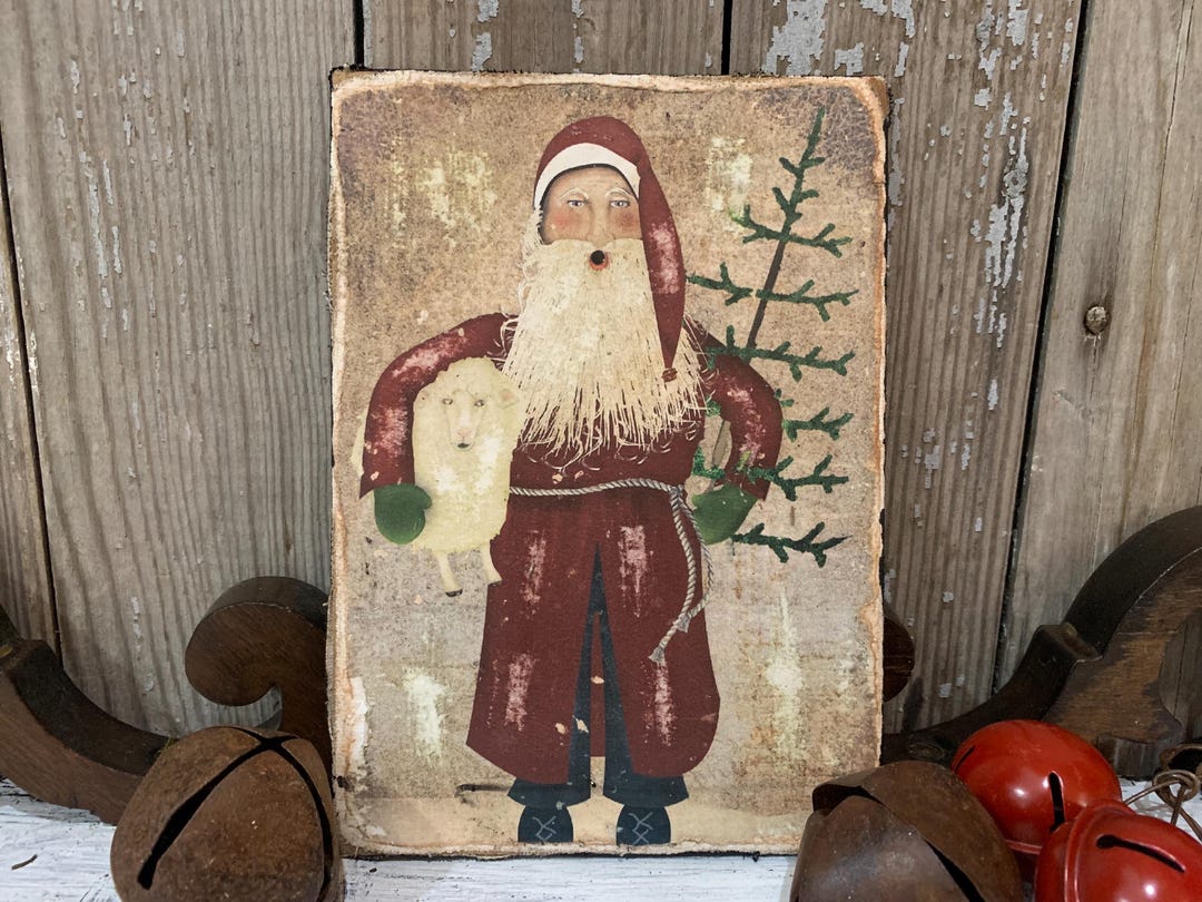 Handmade Vintage ART PRINT Primitive Merry Christmas Santa Distressed ...