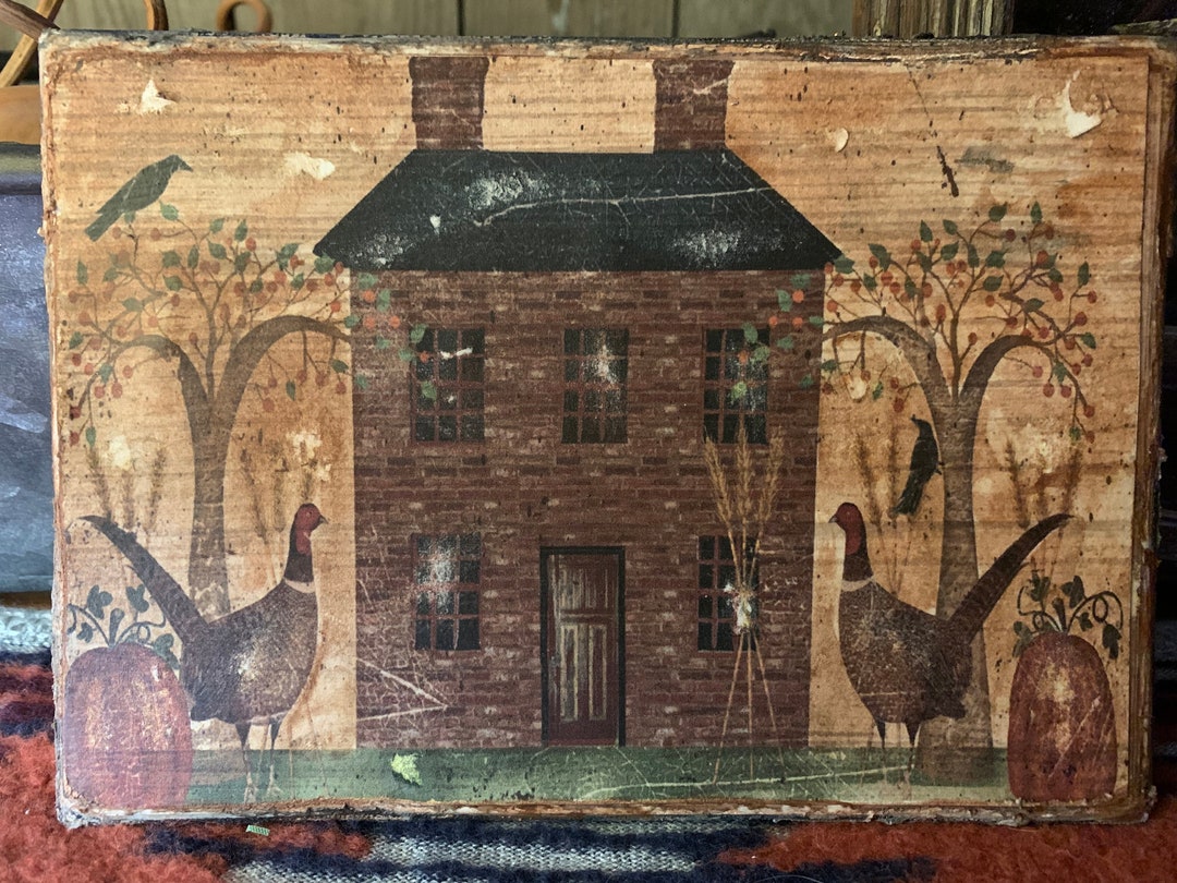 Handmade Vintage ART PRINT Primitive Fall FOLKART Thanksgiving House ...