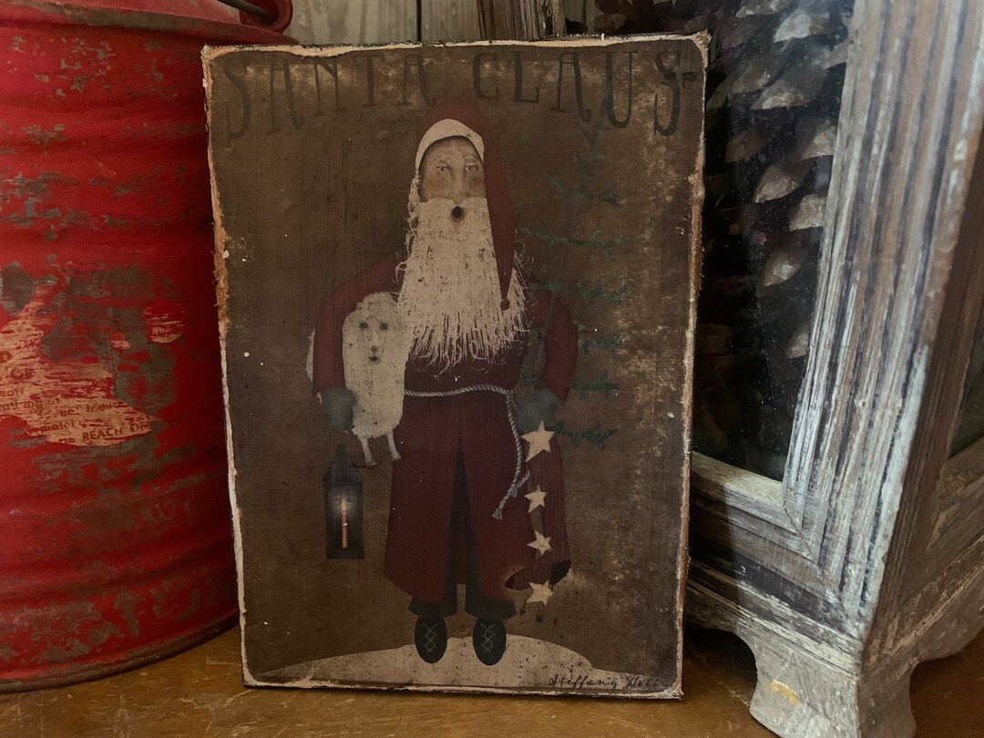 Handmade Vintage ART PRINT Primitive Merry Christmas Santa Distressed ...