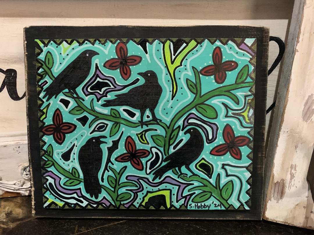 BRIGHT Vintage Primitive Folk Art Original Hand Painted Wooden Sign ...