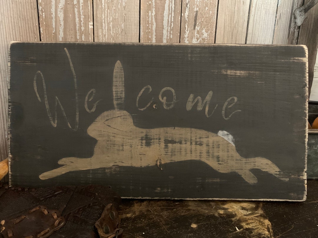 Farmhouse Vintage Primitive Welcome Rabbit Wooden Sign Distressed ...