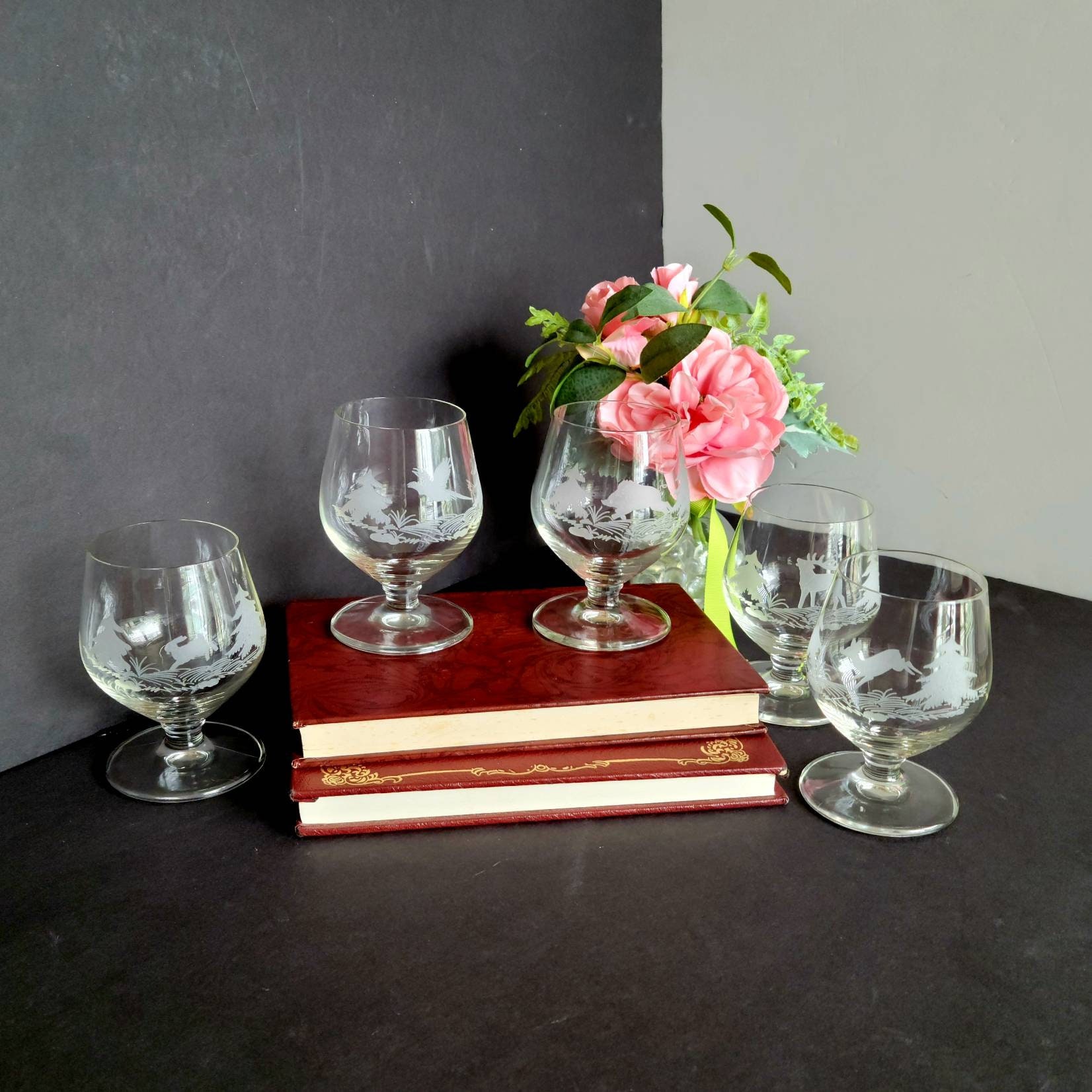 Vintage Brandy Snifters/cognac Glasses Etched With Different - Etsy