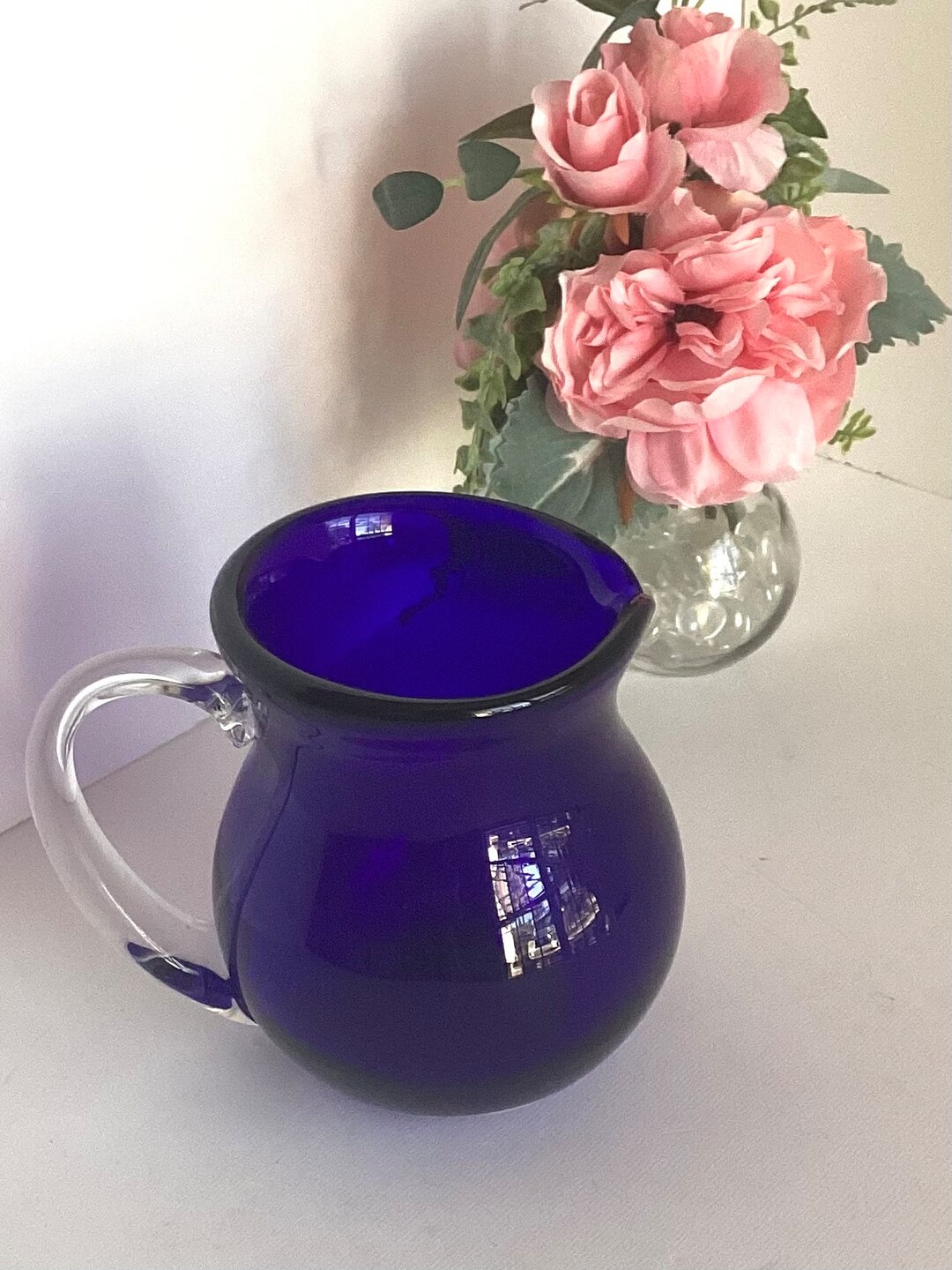 Vintage Handblown Cobalt Blue Small Pitcher With Clear Handle, Made in ...