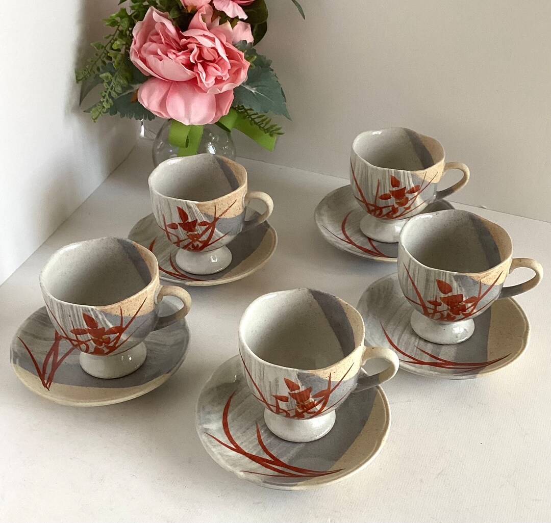 Vintage Kutani Ware Textured Footed Cups With Saucers With Orchid Motif ...