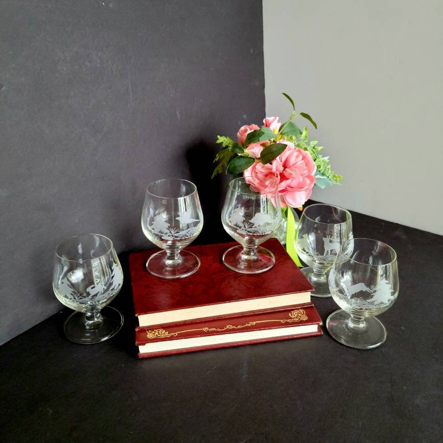 Vintage Brandy Snifters/cognac Glasses Etched With Different - Etsy