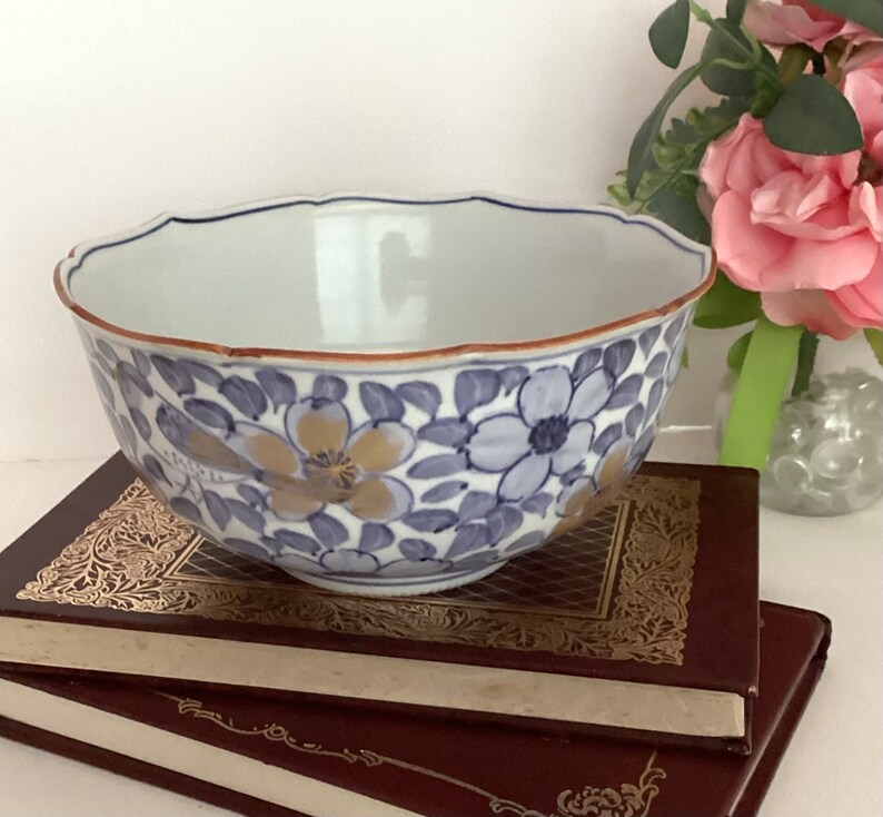 Kiyomizu Yaki Medium Bowl, Birds With Japanese Dogwood Flowers, Blue ...