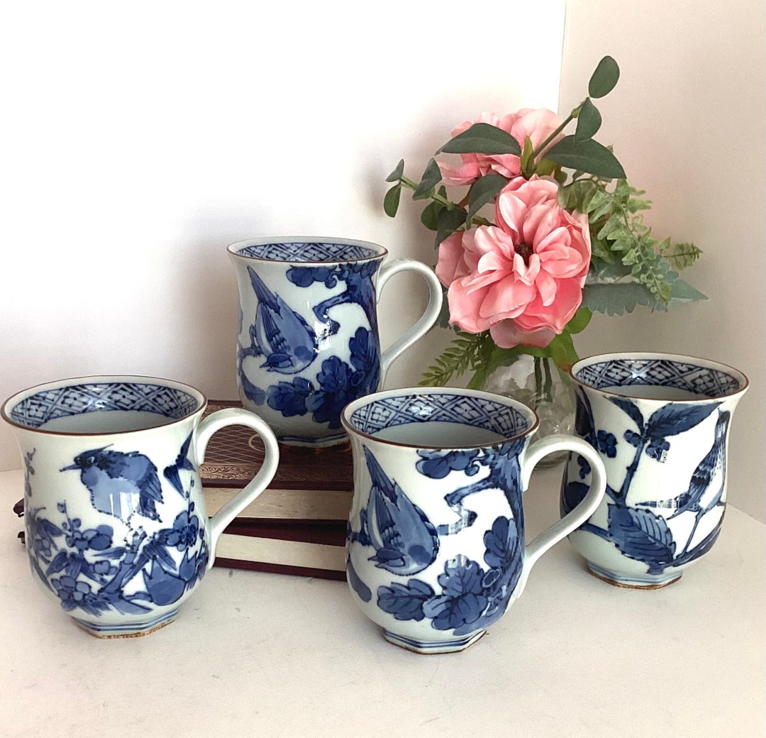 Vintage Japanese Seto Ware Blue and White Mugs With Birds, Set of 4, 10 ...