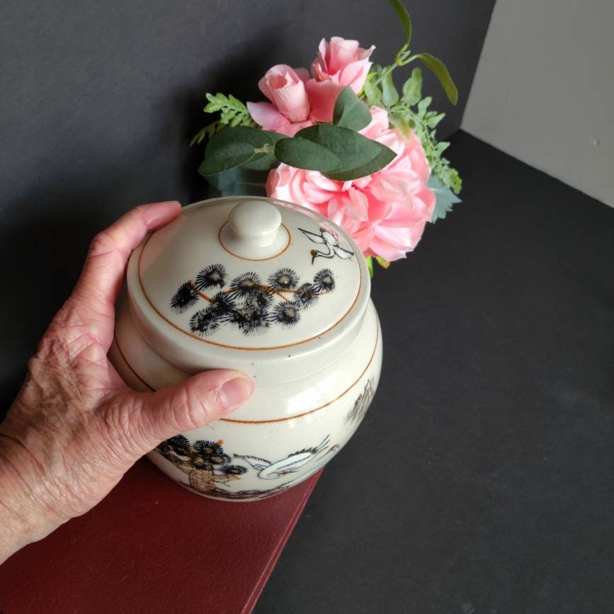 Vintage Lidded Ginger/tea Jar With Cranes and Pine Tree Motif - Etsy