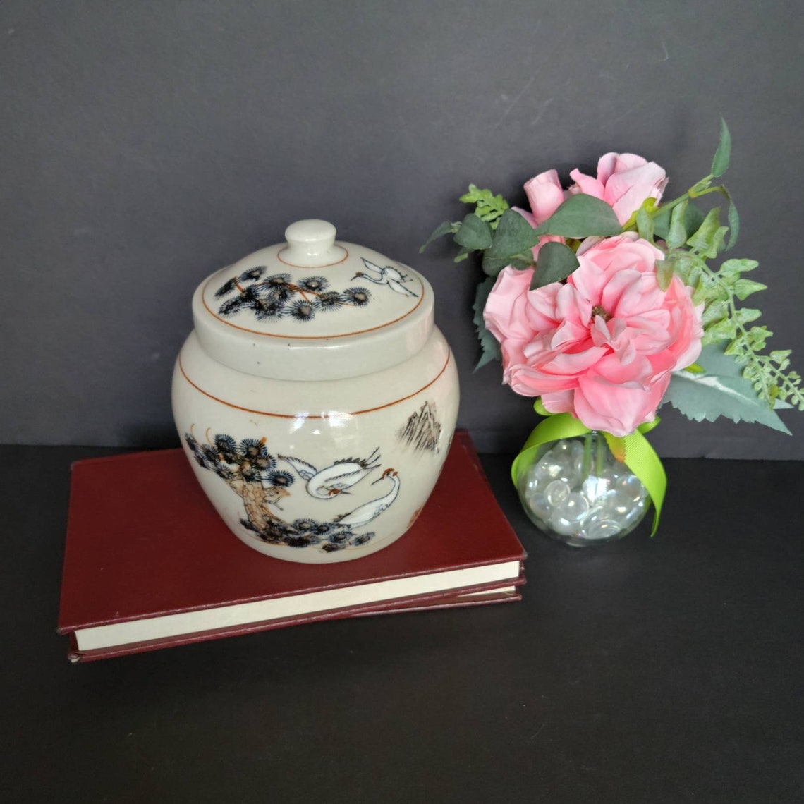 Vintage Lidded Ginger/tea Jar With Cranes and Pine Tree Motif - Etsy