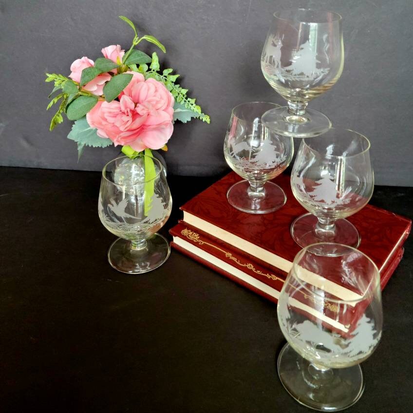 Vintage Brandy Snifters/cognac Glasses Etched With Different - Etsy