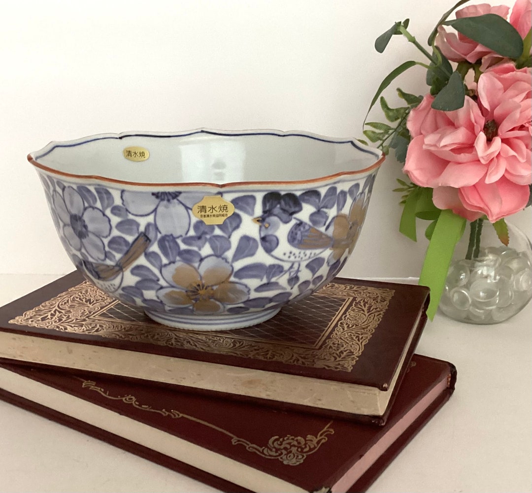Kiyomizu Yaki Medium Bowl, Birds With Japanese Dogwood Flowers, Blue ...