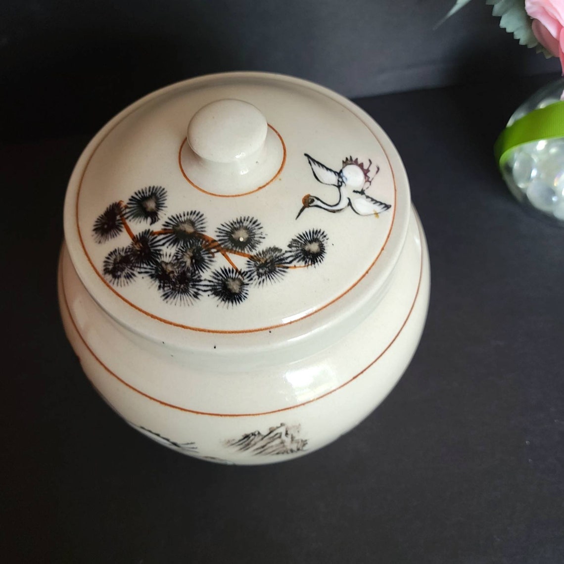 Vintage Lidded Ginger/tea Jar With Cranes and Pine Tree Motif - Etsy