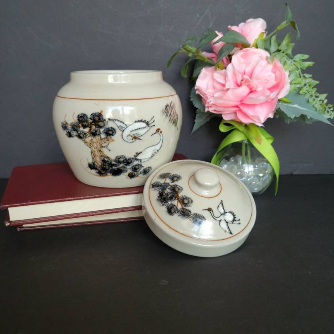 Vintage Lidded Ginger/tea Jar With Cranes and Pine Tree Motif - Etsy