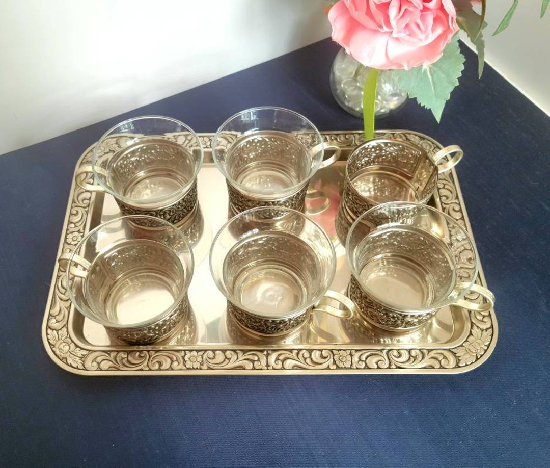 Vintage 1970's Metal Embossed Tray With Matching Metal Cup Holders and ...