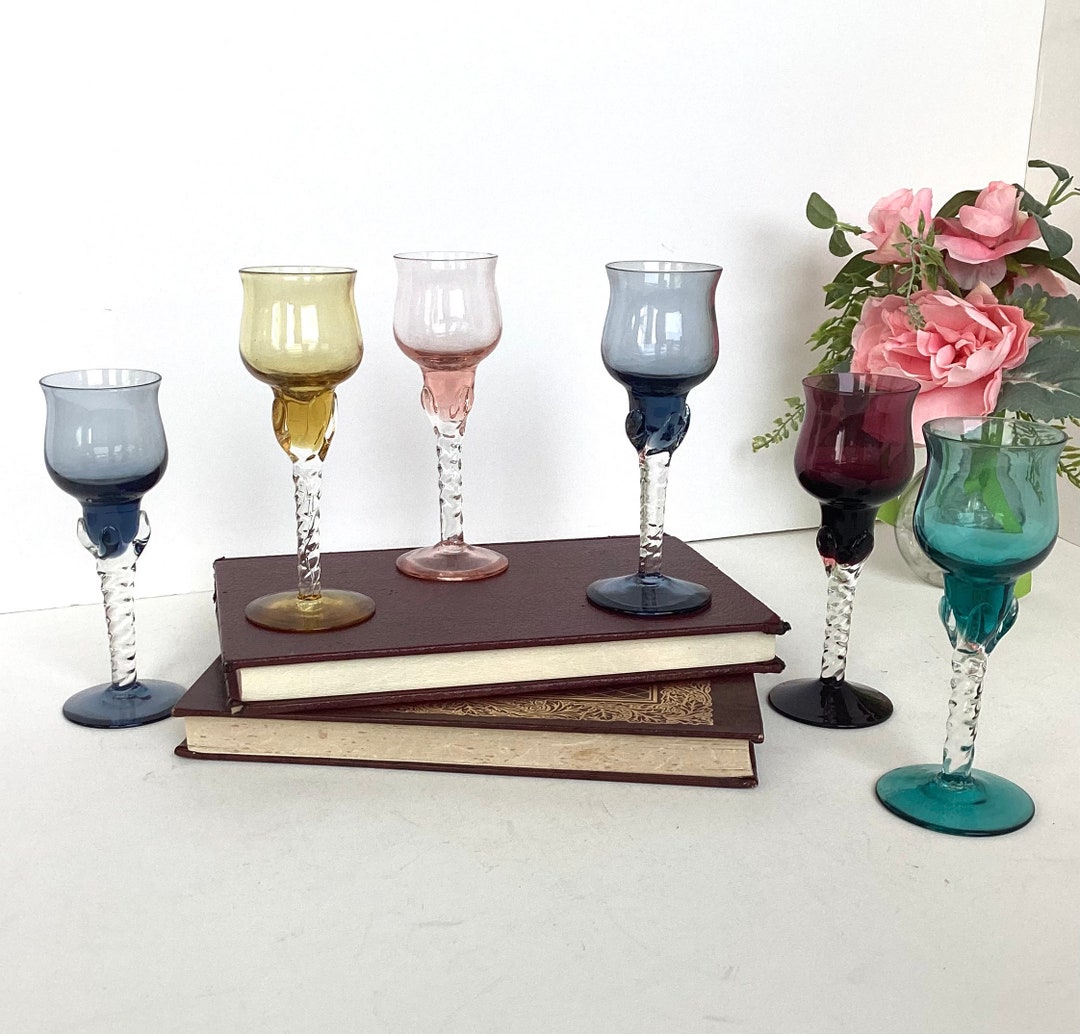 Vintage Blefeld Blown Crystal Cordials With Colored Bowls And Twisted