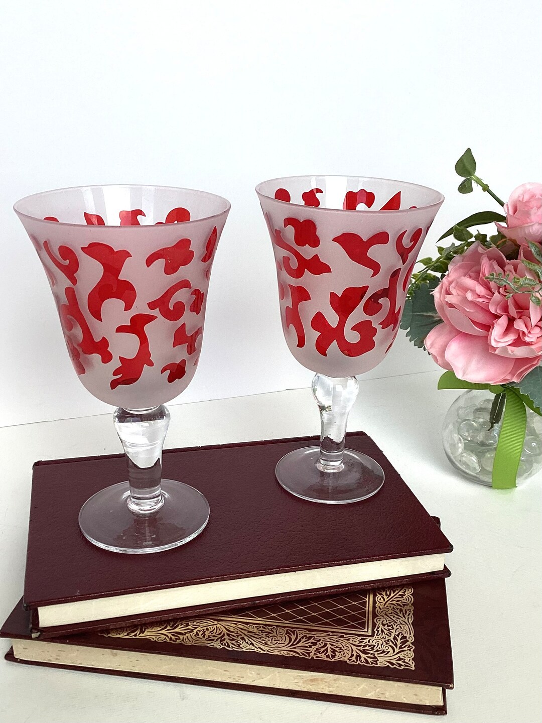Vintage Large Frosted Water/iced Tea Goblets With Red Abstract Design ...