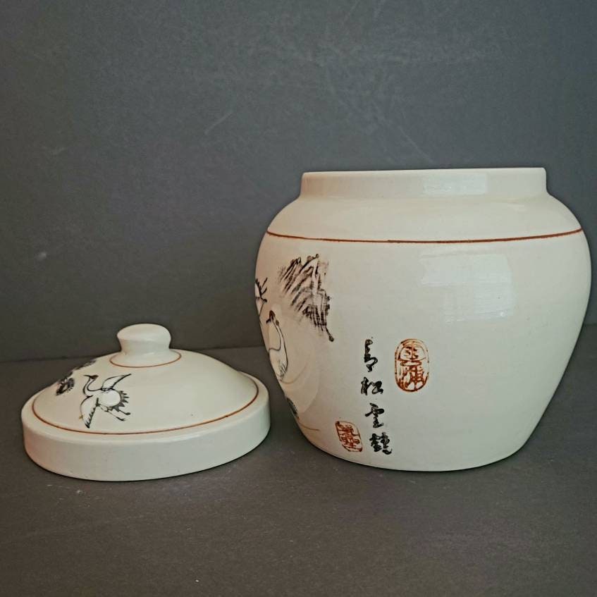 Vintage Lidded Ginger/tea Jar With Cranes and Pine Tree Motif - Etsy