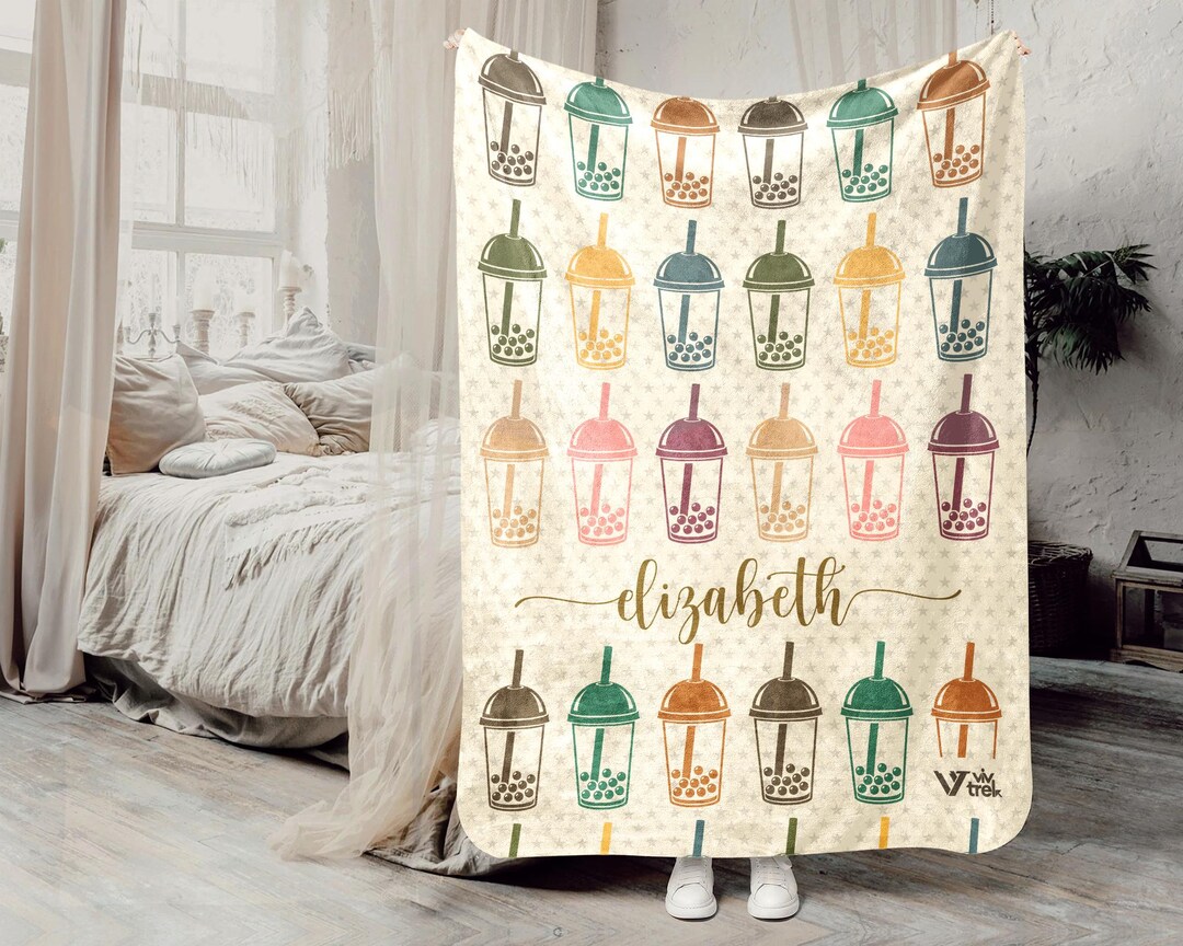 Personalized Boba Tea Blanket, Custom Name Bubble Milk Tea Throw ...
