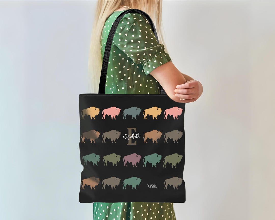 Personalized Bison Tote Bag With Custom Name, Majestic Bison Shoulder ...