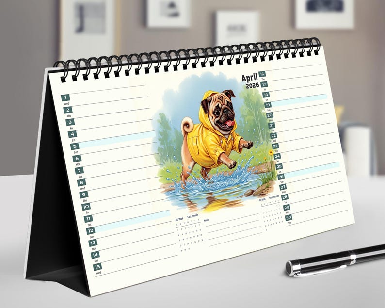 Cute Pug Desk Calendar 2026, Pug Puppy Monthly Planner, Dog Lovers ...
