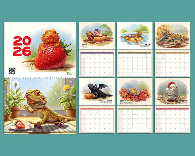 2026 Wall Calendar Bearded Dragon, Cute Animal Wall Art, Funny Bearded ...