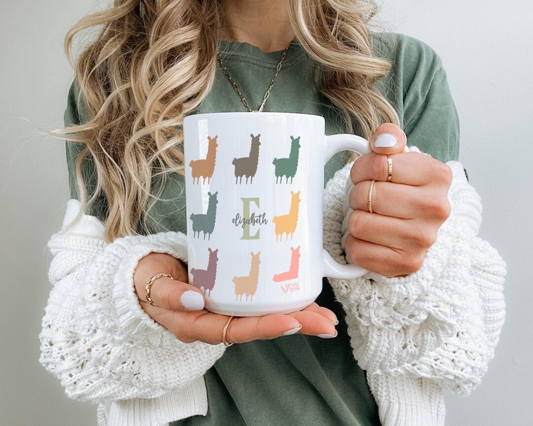 Personalized Llama Coffee Cup, Custom Name Initial Alpaca Mug, Cute ...
