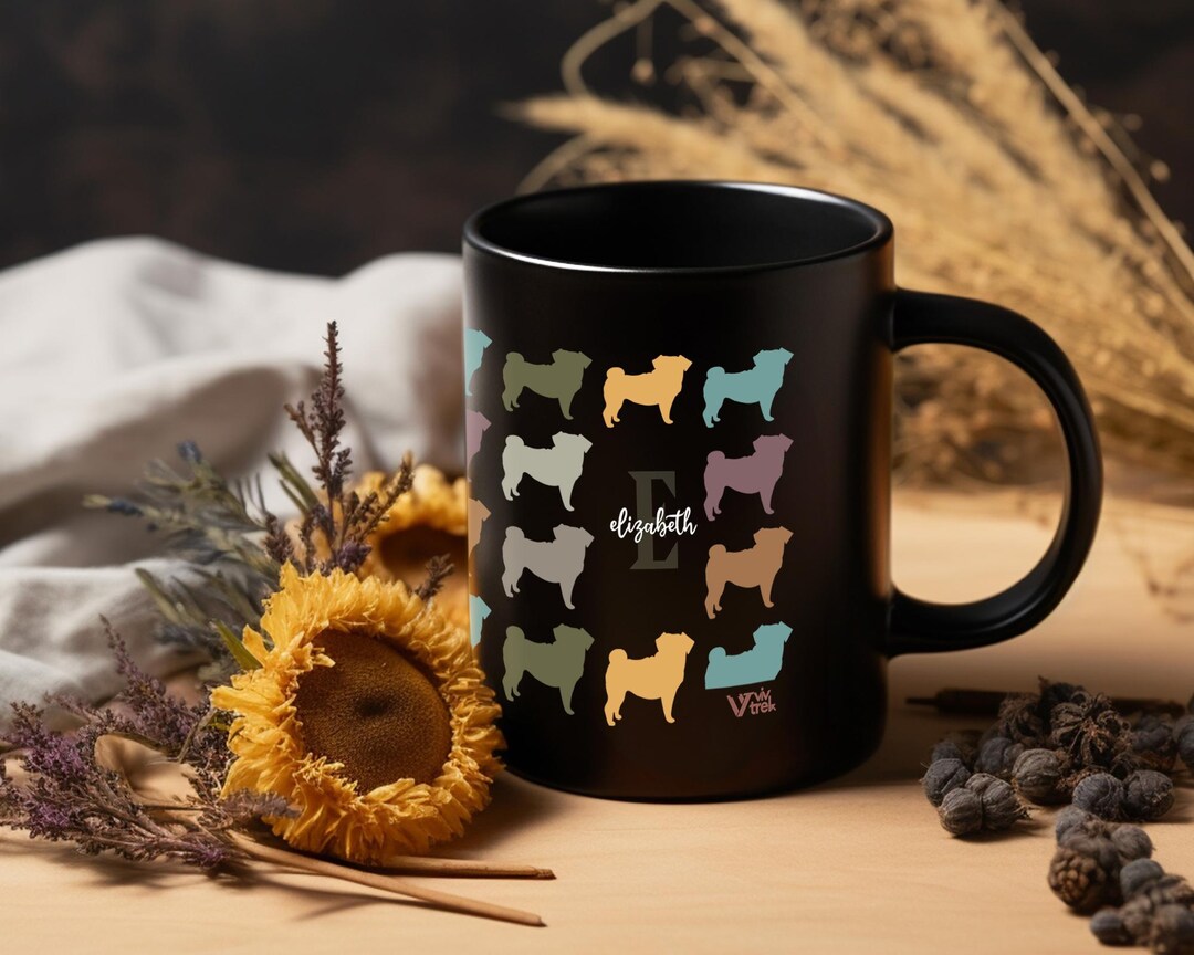 Personalized Pug Dog Mug With Custom Initial Name, Vintage Retro Pug ...