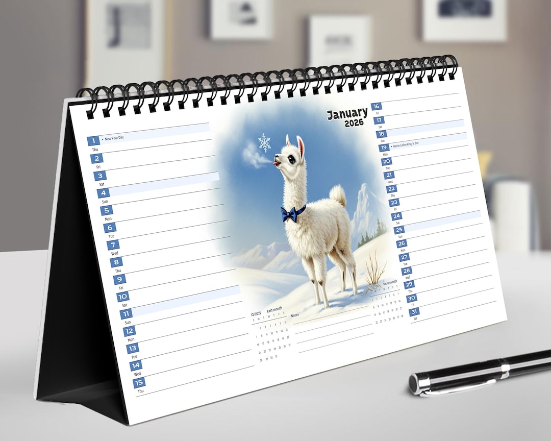 Cute Llama Desk Calendar 2026, Alpaca Planner, Mountain Theme Office ...
