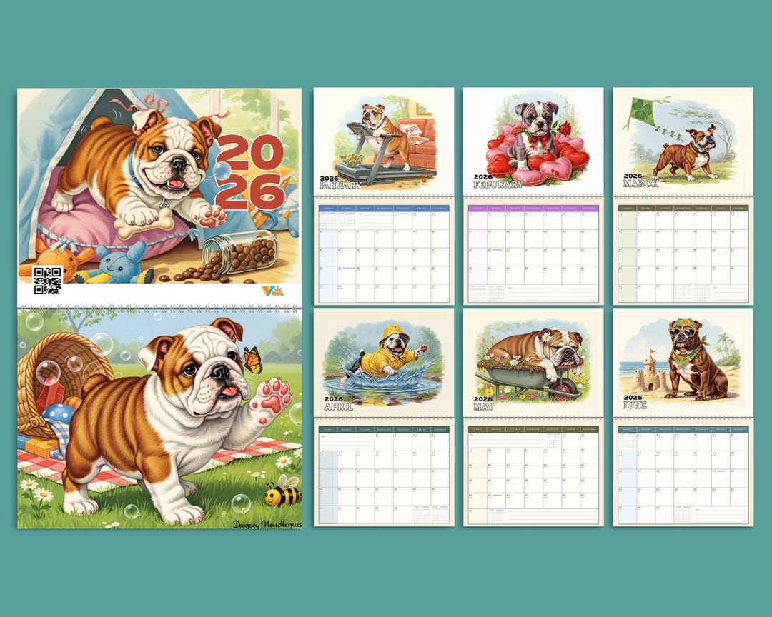 2026 English Bulldog Wall Calendar, Cute Puppy Hanging Calendar ...