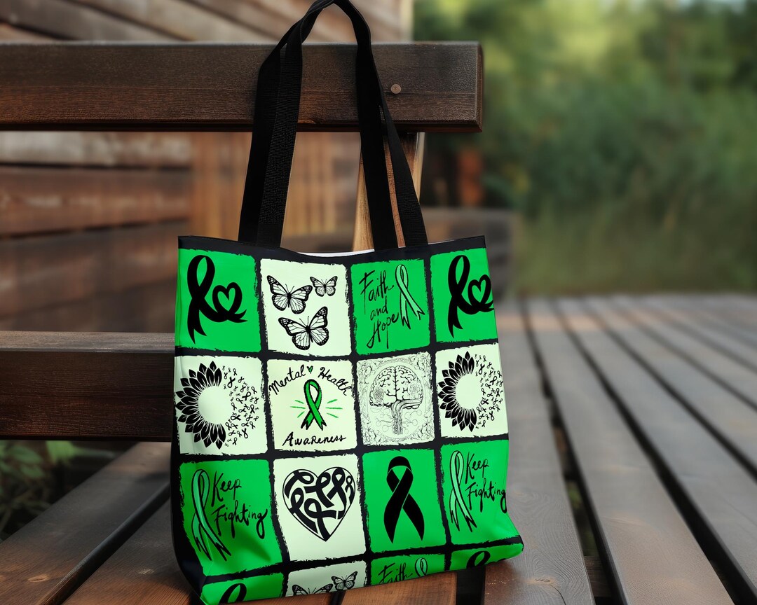 Mental Health Awareness Tote Bag, Retro Green Ribbon Support Gift ...