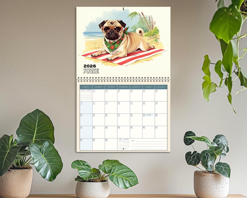 Cute Pug Wall Calendar 2026, Pug Puppy Monthly Planner, Dog Lovers Wall ...