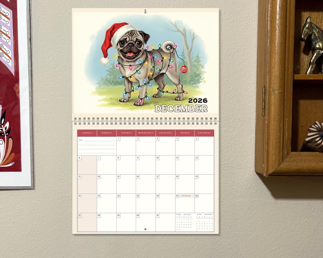 Cute Pug Wall Calendar 2026, Pug Puppy Monthly Planner, Dog Lovers Wall ...