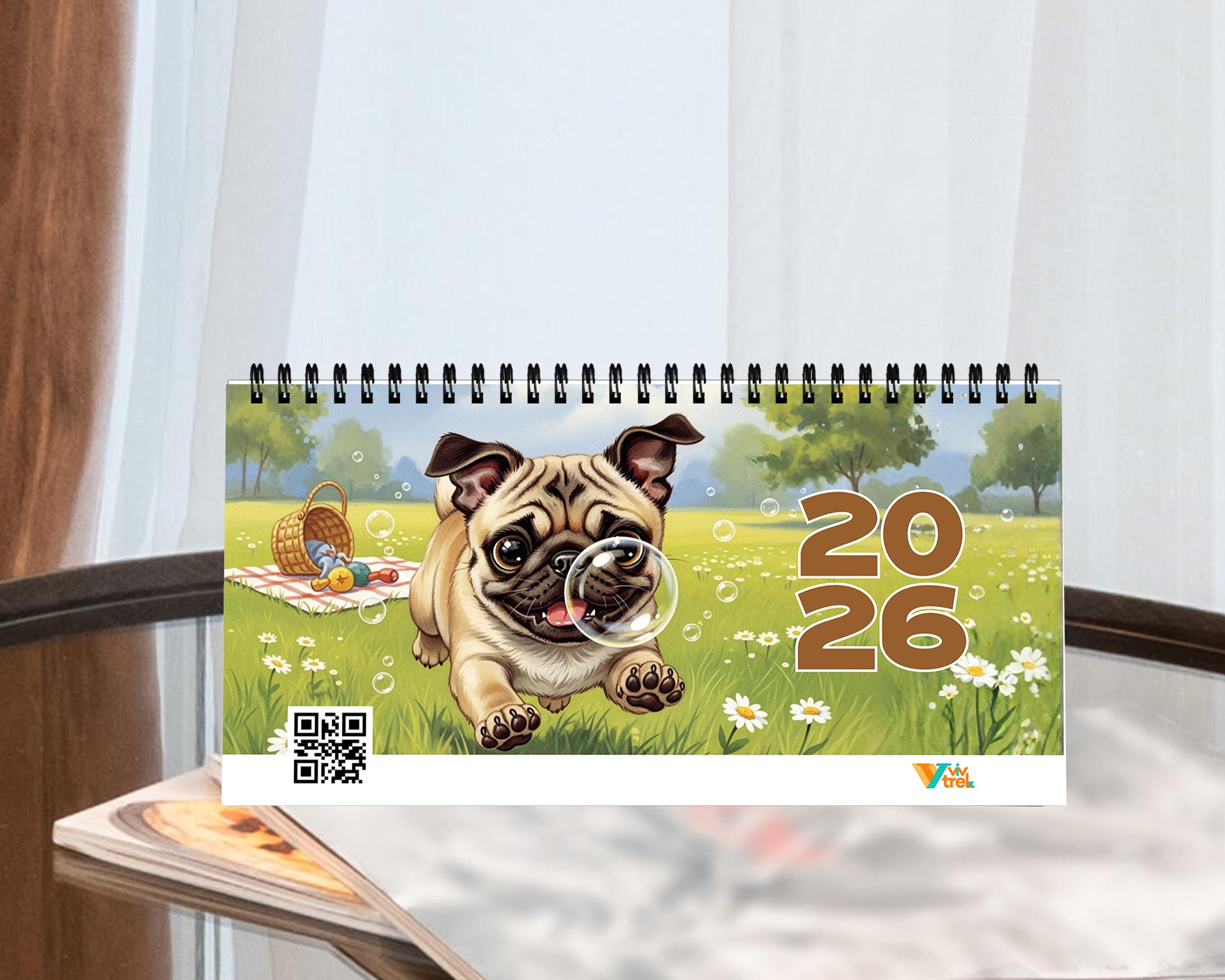 Cute Pug Desk Calendar 2026, Pug Puppy Monthly Planner, Dog Lovers ...