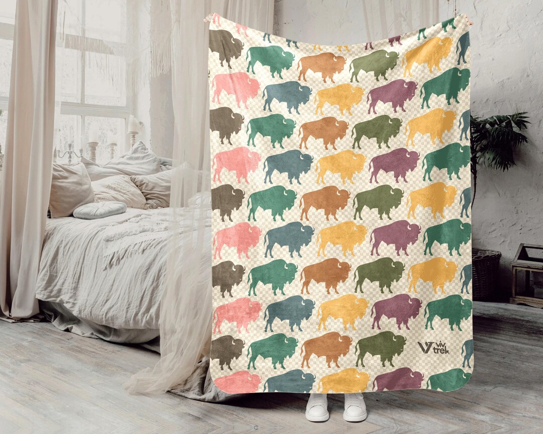Retro Bison Lover Blanket, Vintage Buffalo Throw, Cozy Wild Animal ...