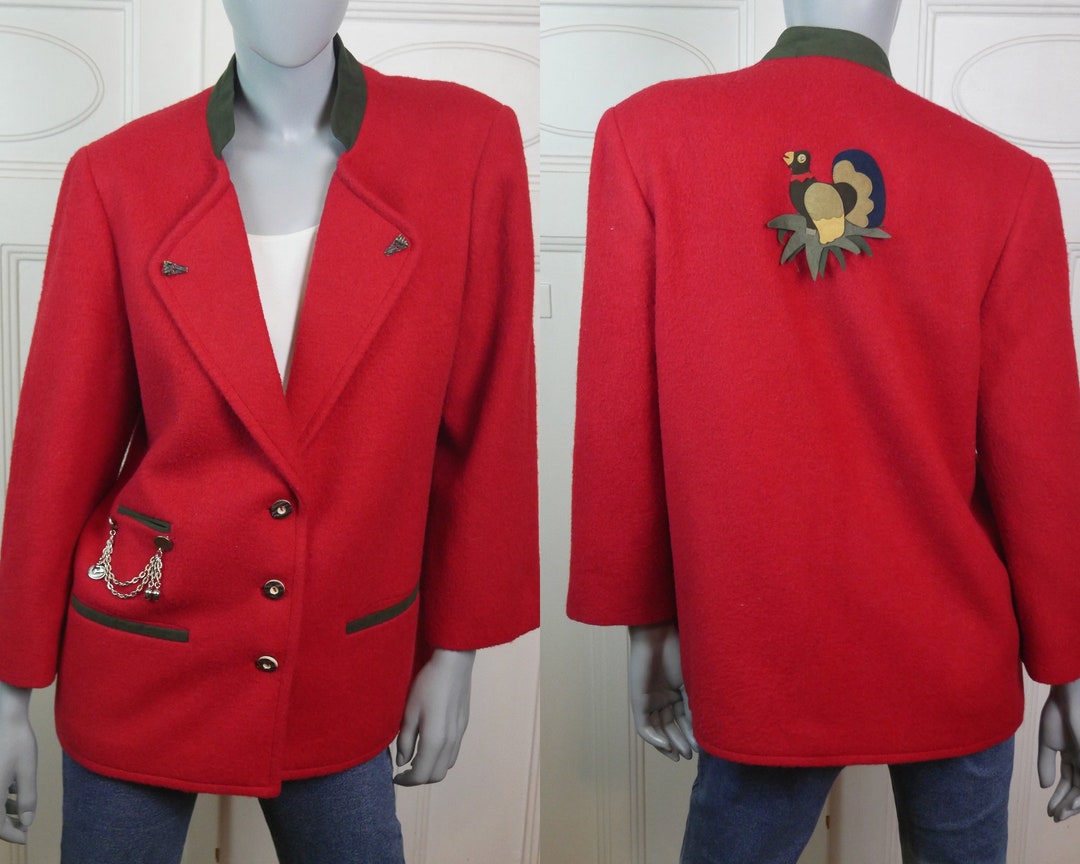Austrian Jacket, Red Wool 90s Vintage Traditional Trachten Folk Coat ...