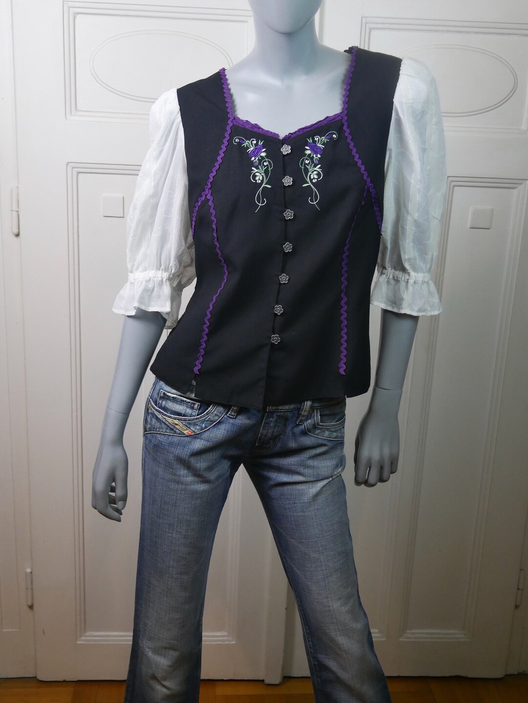 German Blouse, Black and White With Purple Trim and Embroidered Flowers ...