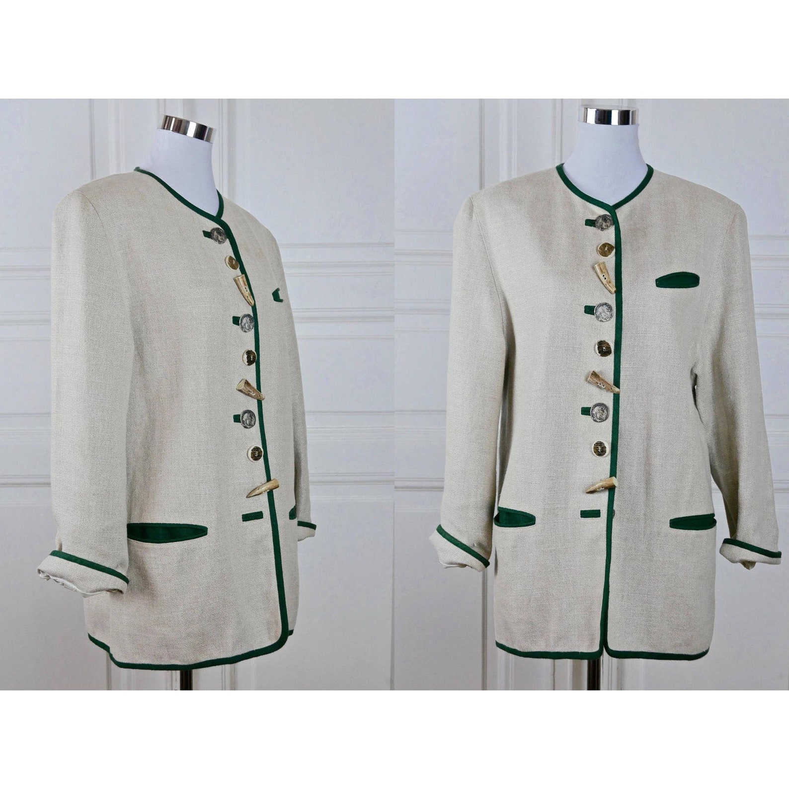 Cream Linen Jacket With Green Trim, Austrian Vintage Embroidered Jacket ...