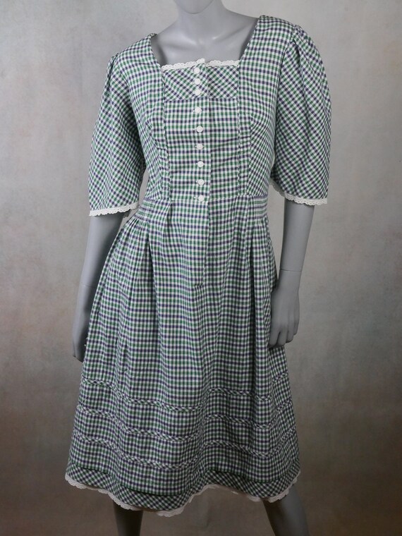 Cottagecore Dress, Green Purple and White Check Cotto… - Gem