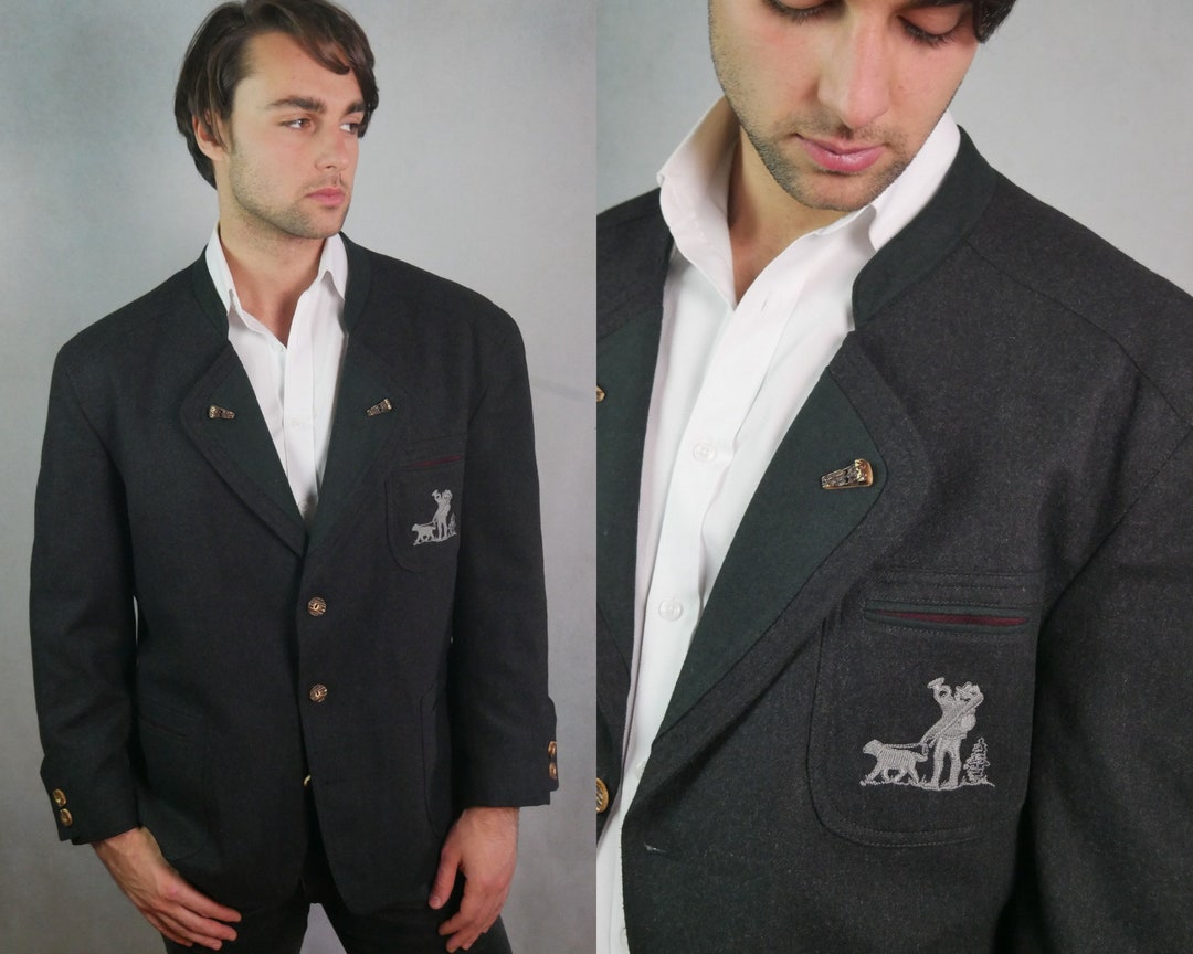Bavarian German Jacket, Charcoal Gray 90s Vintage Wool Band Collar ...