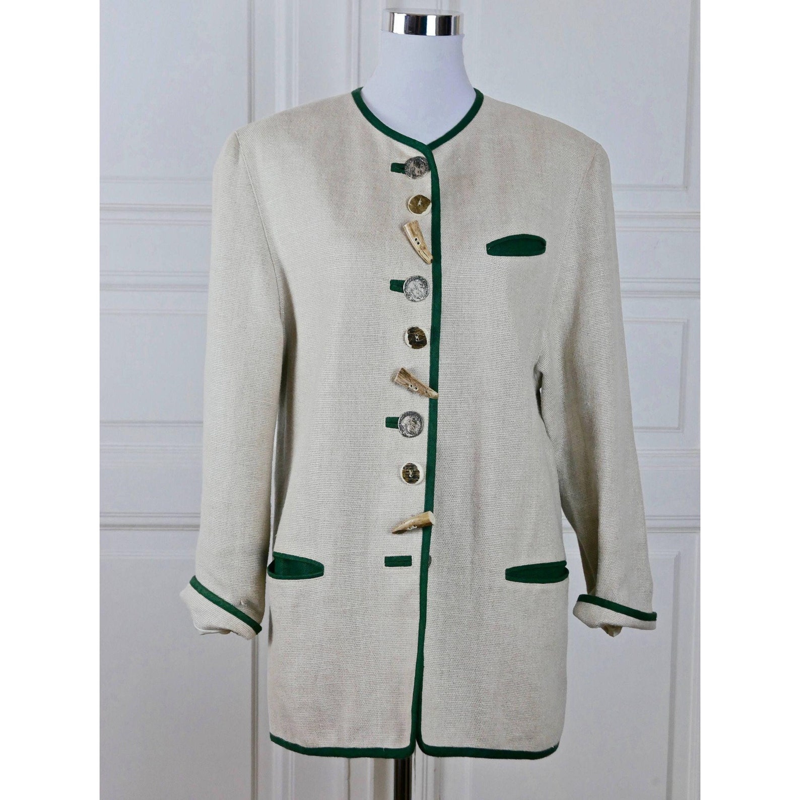 Cream Linen Jacket With Green Trim, Austrian Vintage Embroidered Jacket ...