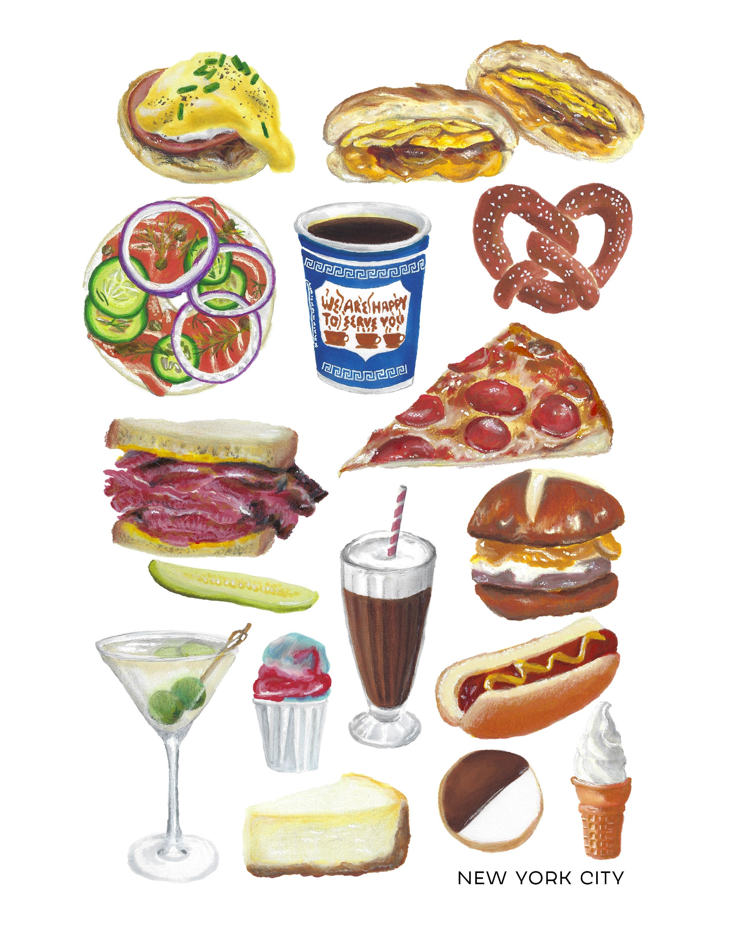 NYC Food Illustration Print, Iconic New York City Cuisine - Etsy